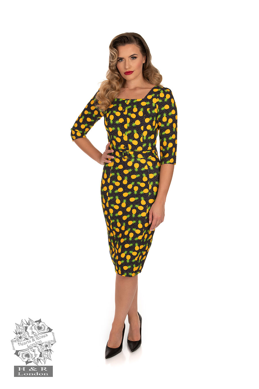 Robe PIN-UP crayon noire H&R LONDON avec imprimé ananas