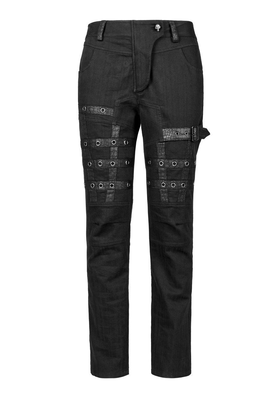 Pantalon homme PUNK RAVE noir décoré de pièces de simili cuir vieilli