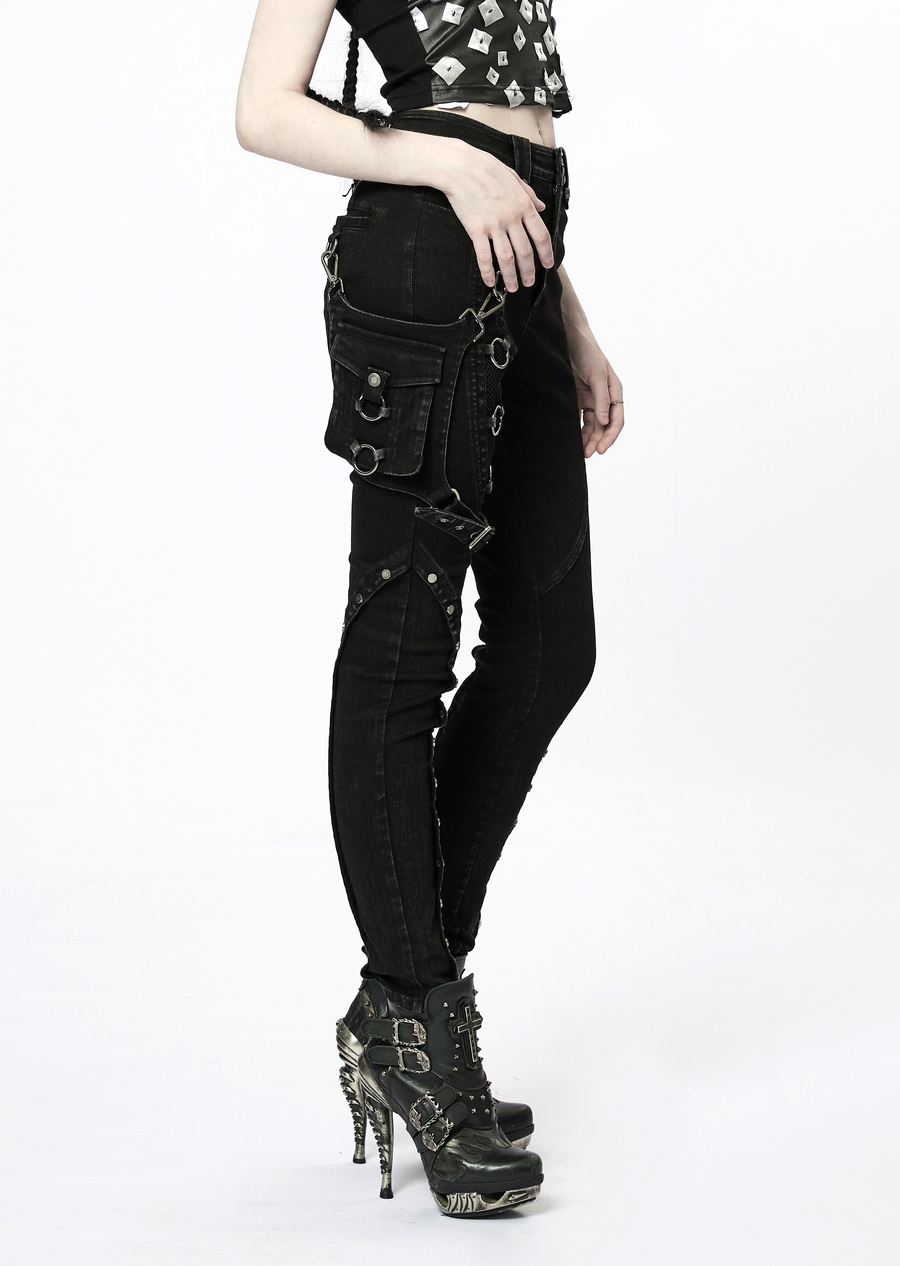 Pantalon femme PUNK RAVE en tissu délavé avec sacoche