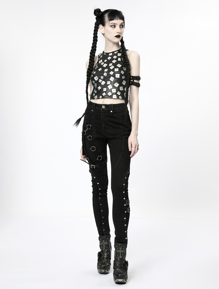 Pantalon femme PUNK RAVE en tissu délavé avec sacoche