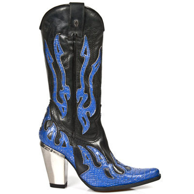 Bottes femmes en cuir noir décorées de flammes bleues New Rock M.7982-C3