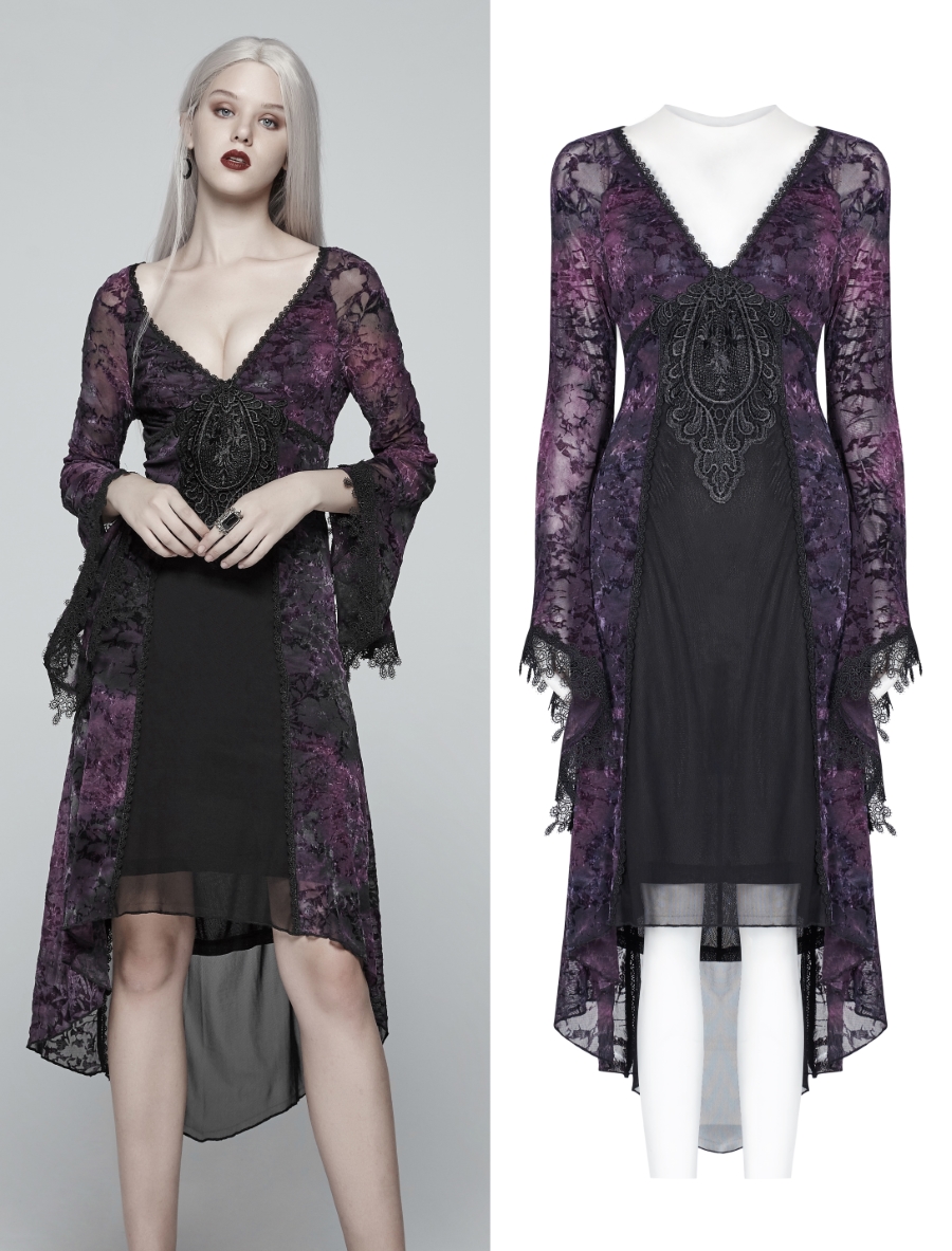 Robe gothique PUNK RAVE noire et violette à manches longues évasées