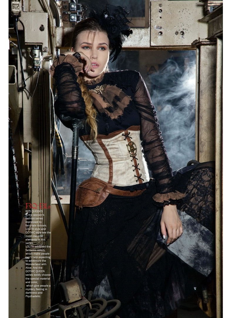 Chemisier steampunk femme noir et marron avec son jabot RQ-BLsp135